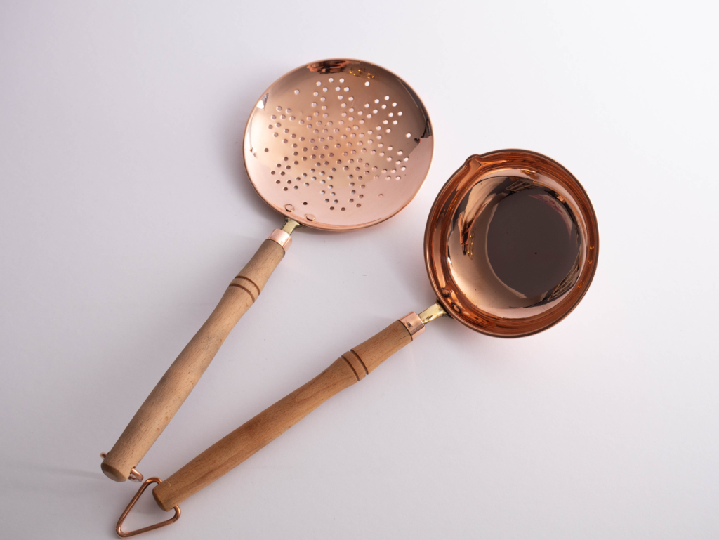 Handmade Copper Ladle and Skimmer Set with Wooden Handles - KayRana